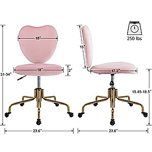 Wahson Velvet Upholstered Cute Home Office Desk Chair Armless, Modern Comfy Office Swivel Fabric Vanity Makeup Chair with Heart Shape Back, for Living Room, Bedroom, Rose Pink