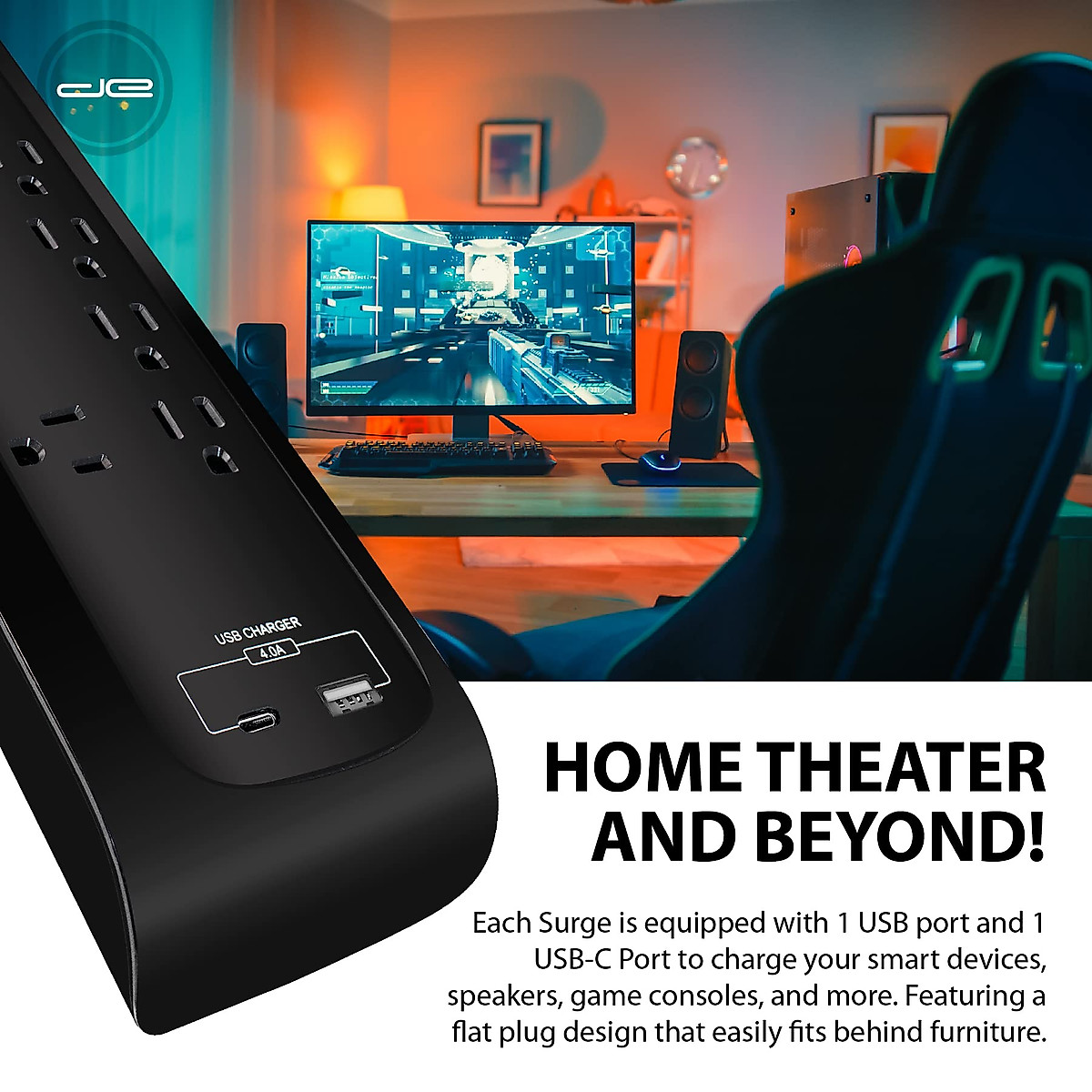 Digital Energy 8 Outlet Surge Protector Power Strip 4200 Joules USB-C and USB-A, 3 Wide Spaced Outlets, 6 Foot 14/3 AWG Cord, White