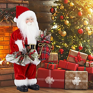 AGM 12" Santa Claus Christmas Figurine Figure Decoration with Gifts Bag and 2 Bells for Holiday Party Home Decoration