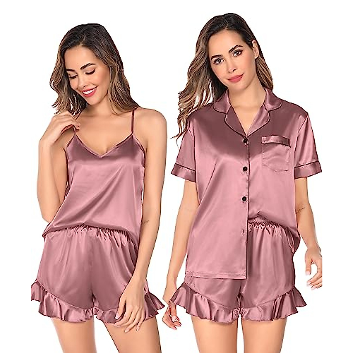 SWOMOG Womens 4 Piece Satin Pajamas Silk Short Sleeve Pj Sets Long Bottoms V Neck Cami Ruffle Shorts Pajama Pants Bridal Pjs Misty Rose