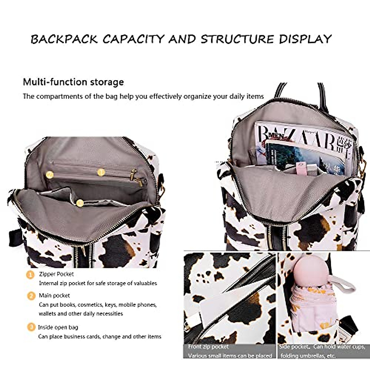 ENYIWH Women Fashion 2 Pack With Backpack Purse Leather Shoulder Bag Travel Bag Handbag Casual Fashion Multipurpose Design Convertible Shoulder Bag Handbag with Wristlet (White Cow)