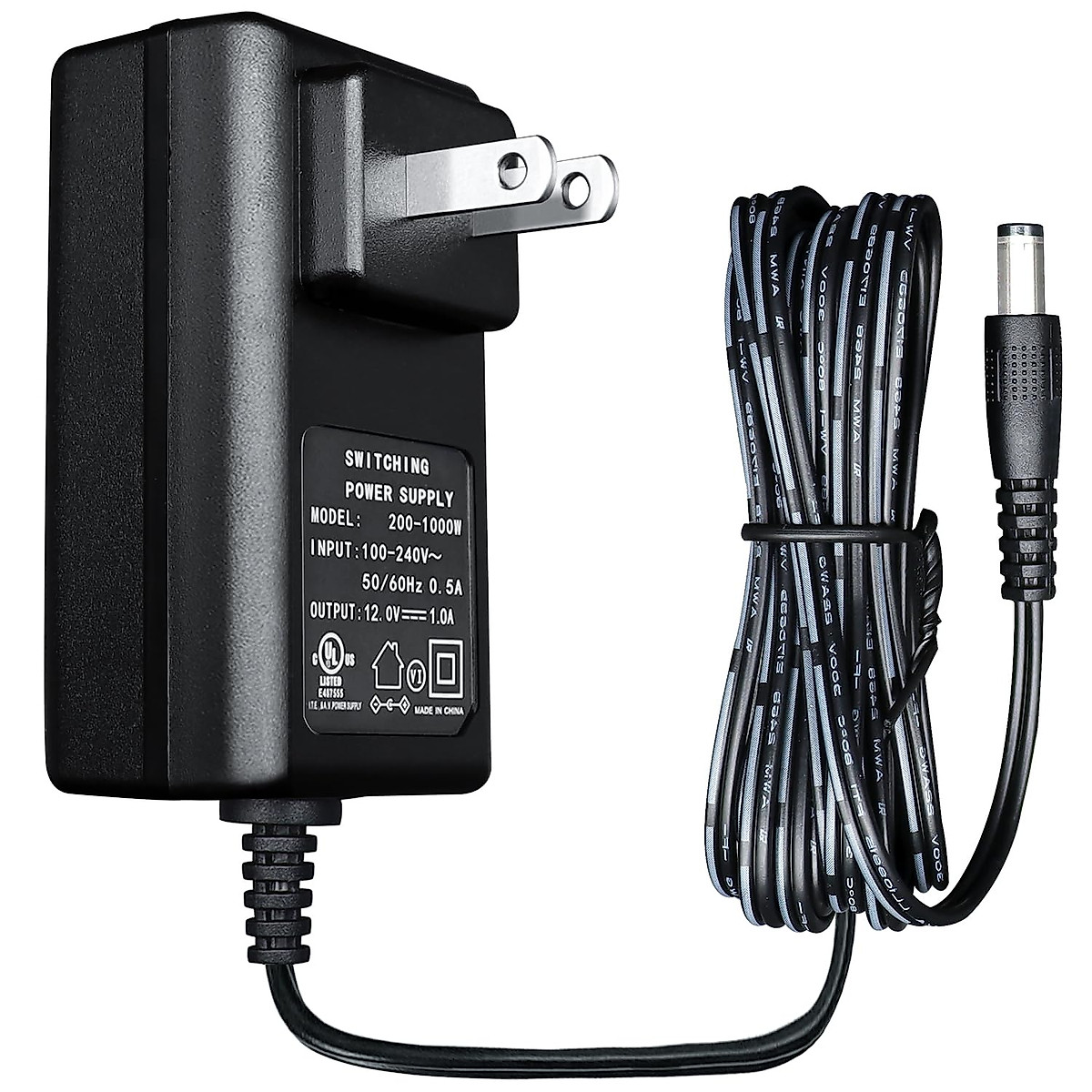 UL Listed 12V 1A 6ft Power Supply Adapter, 100-240V 50/60Hz AC to DC 12V 1000mA 800mA 600mA 500mA 300mA Universal AC Adapter with 5.5mm*2.1mm DC Plug, Center Positive