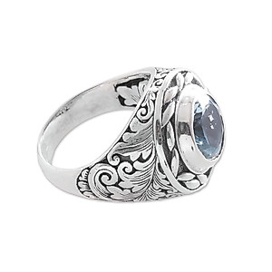 NOVICA Artisan Handmade Blue Topaz Cocktail Ring Crafted Bali Sterling Silver Indonesia Birthstone Gemstone [ring Front 0.7 in H x 0.8 in W x 0.3 in D Band Width 4 mm W] ' Tari Lotus'
