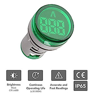 Shopcorp - Digital Led Display Indicator Ammeter, 0-100A Max AC380 Current Meter and 220V - Gauge Meter, Tester Amp Monitor - AD101-22AM Model, Circle Panel, Green (3 Pack)
