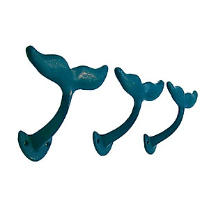 Navy Blue Whale Tail Cast Iron Wall Hooks, Wall Mounted for Hanging Coats, Purses, Towels, Hats, Beach Themed Wall Décor, Set of 3, 4.5 Inches High