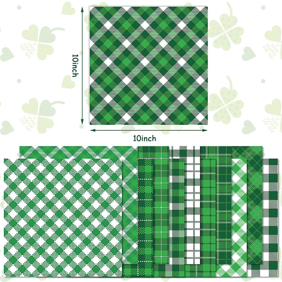 Whaline 12Pcs St. Patrick's Day Cotton Fabric Bundles Green Plaid Fat Quarters Buffalo Plaid Quilting Patchwork for Irish Holiday DIY Handmade Craft, 10 x 10 Inch