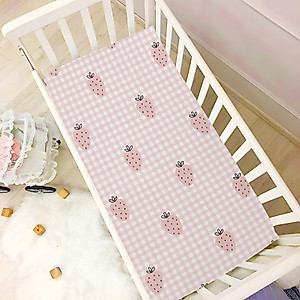 KICPOAY Fitted Crib Sheets Plaid and Strawberry Pink Stretchy Portable Playard Sheets for Baby Toddler, Breathable Soft Mini Crib Mattress 39 x 27 in for Boys and Girls
