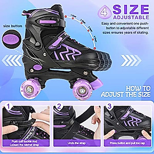 Kids Roller Skates for Girls Ages 6-12, Black&Purple 4 Sizes Adjustable Boys Roller Skates with Light up Wheels Medium Size