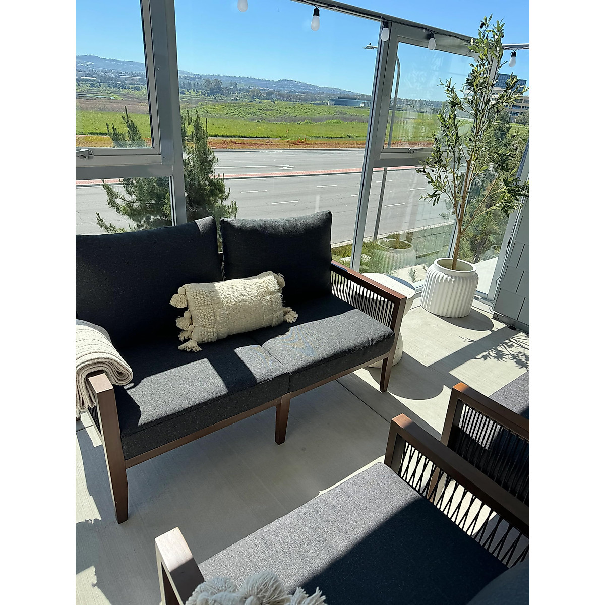 Nathan James Freya Bohemian Wood Loveseat, Upholstered Loveseat Sofa for Patio, Solid Acacia Wood Frame, Dark Acacia