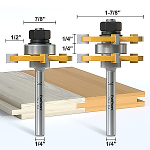 FivePears 2 Pieces of Tongue and Groove Router Bits Set with 1/4" Shank,3 Teeth T Shape Wood Milling Cutter Woodworking Tool