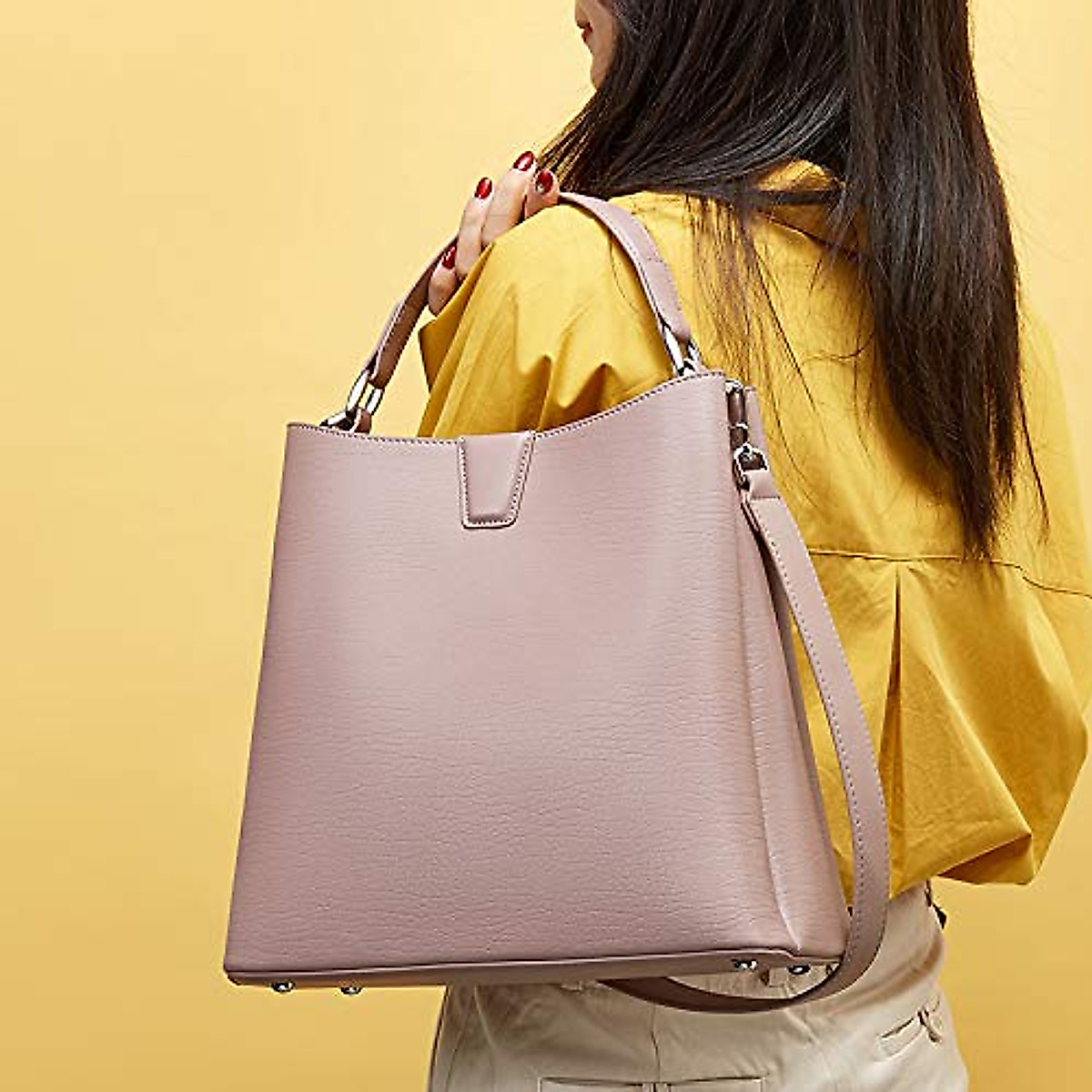 HESHE Leather Womens Handbags Tote Top Handle Bucket Bag Shoulder Bags Satchel Ladies Purses Crossbody Bag (Lilac)