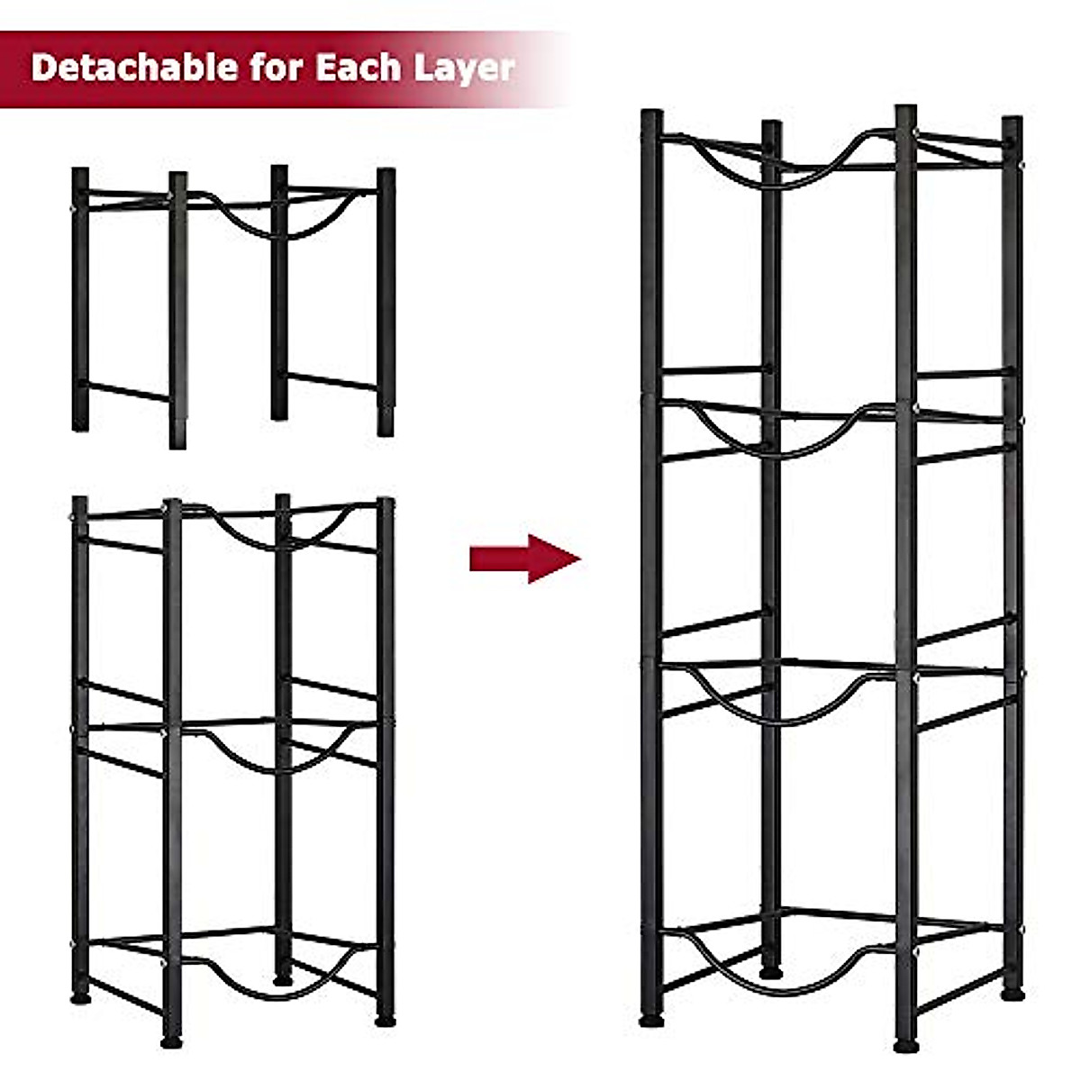 4-Tier Water Bottle Holder Cooler Jug Rack Organizer, 5 Gallon Water Bottle Stackable Storage Shelves Detachable Water Dispenser Stainless Steel Rack Easy Assemble for Kitchen Drawing Room, Black