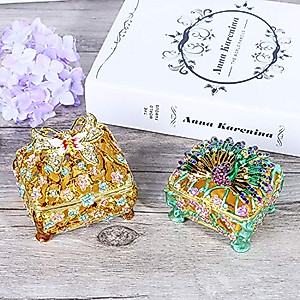 YU FENG Jeweled Butterfly Flower Trinket Boxes Hinged Collectible Decorative Golden Enamel Jewelry Ring Holder Box