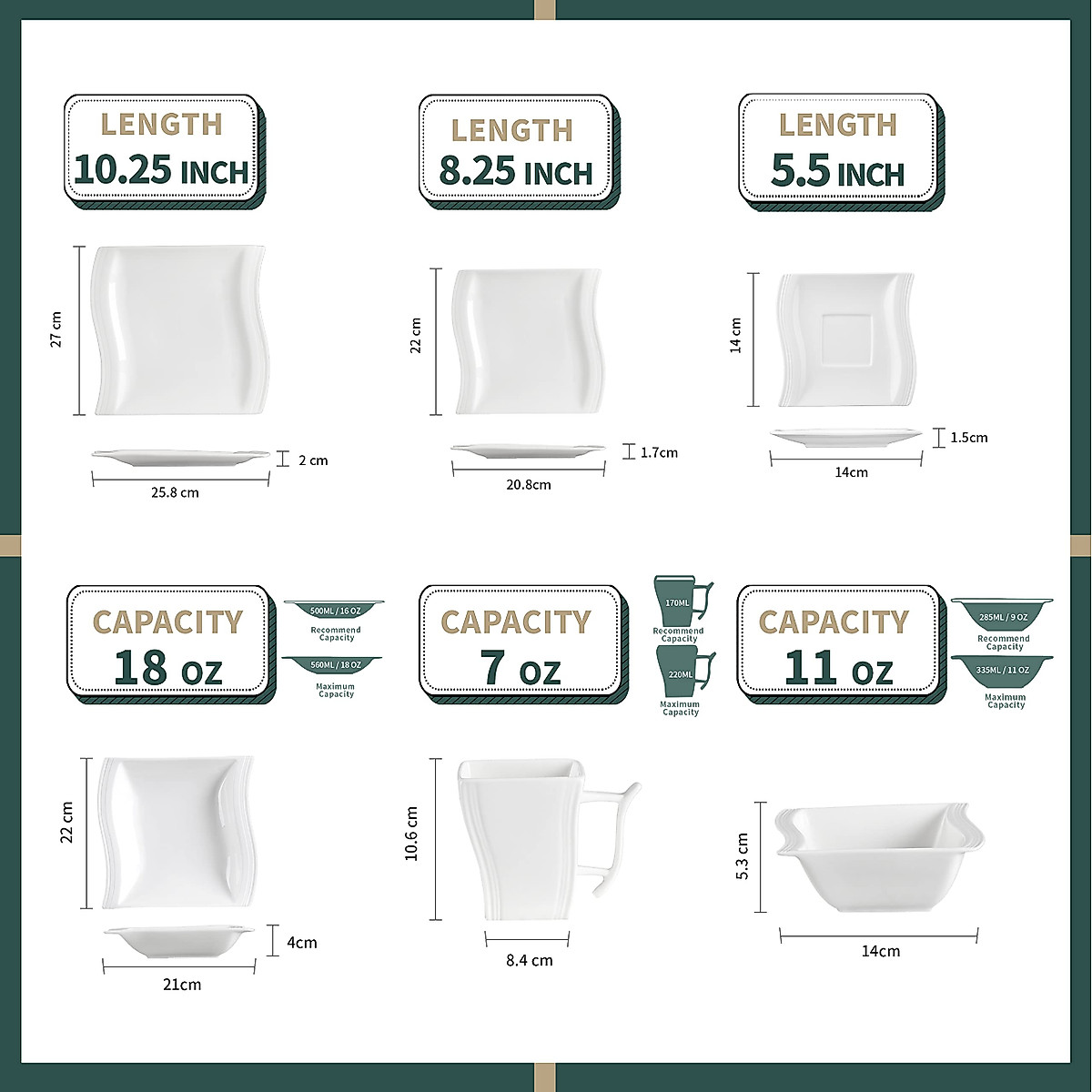 MALACASA Plates and Bowls Sets, 36-Piece Ivory White Square Dinnerware Sets for 6, Porcelain Kitchen Plate Bowl Set, Dishes, Cup and Saucer Set, Modern Dinnerware Set, Series Flora