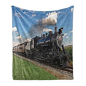 Ambesonne Steam Engine Soft Flannel Fleece Throw Blanket, Vintage Locomotive in Countryside Scenery Green Grass Puff Train Picture, Cozy Plush for Indoor and Outdoor Use, 60" x 80", Blue Green