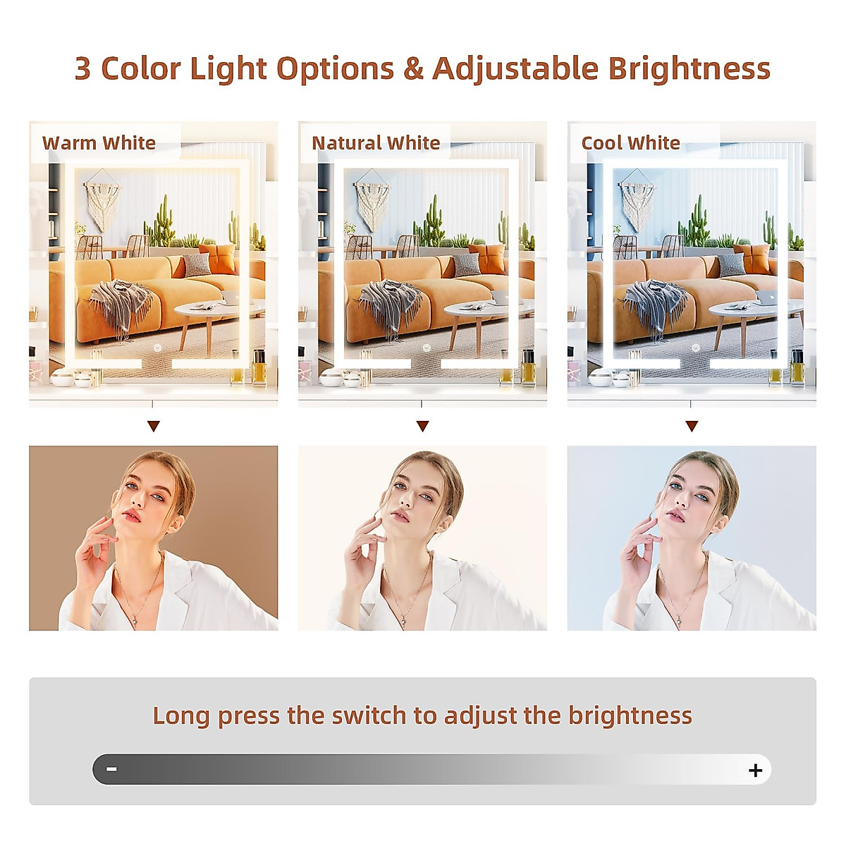 SMOOL Vanity with Lighted Mirror, Makeup Vanity Desk with Power Outlet, 3 Color Light Options Adjustable Brightness, Vanity Table with 6 Storage Shelves, 2 Large Drawers and Cushioned Stool, White