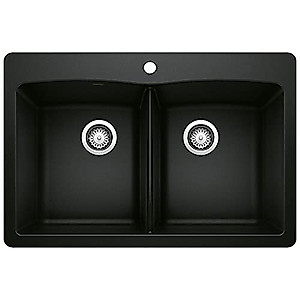 BLANCO Diamond Silgranit 50/50 Double Bowl Undermount or Drop-In Kitchen Sink, 33x22x9.5, Coal Black