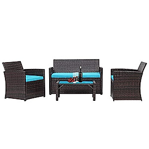 Saemoza 4 Pieces Outdoor Patio Furniture Set, Outdoor Wicker Rattan Patio Furniture with Tempered Glass Tabletop Clearance（Blue）