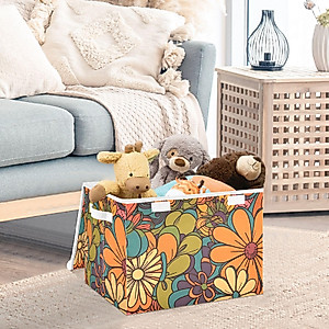 Vnurnrn Storage Bin with Lid Collapsible Hippie Florals Print, Large Capacity Foldable Storage Basket Cube for Clothes Toys 16.5×12.6×11.8 IN