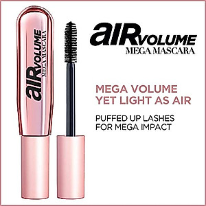 L'Oreal Paris Makeup Air Volume Mega Mascara, Lightweight & Long-lasting Volumizing Mascara for Voluminous Eyelashes, Washable Black Brown, 0.3 Fl Oz