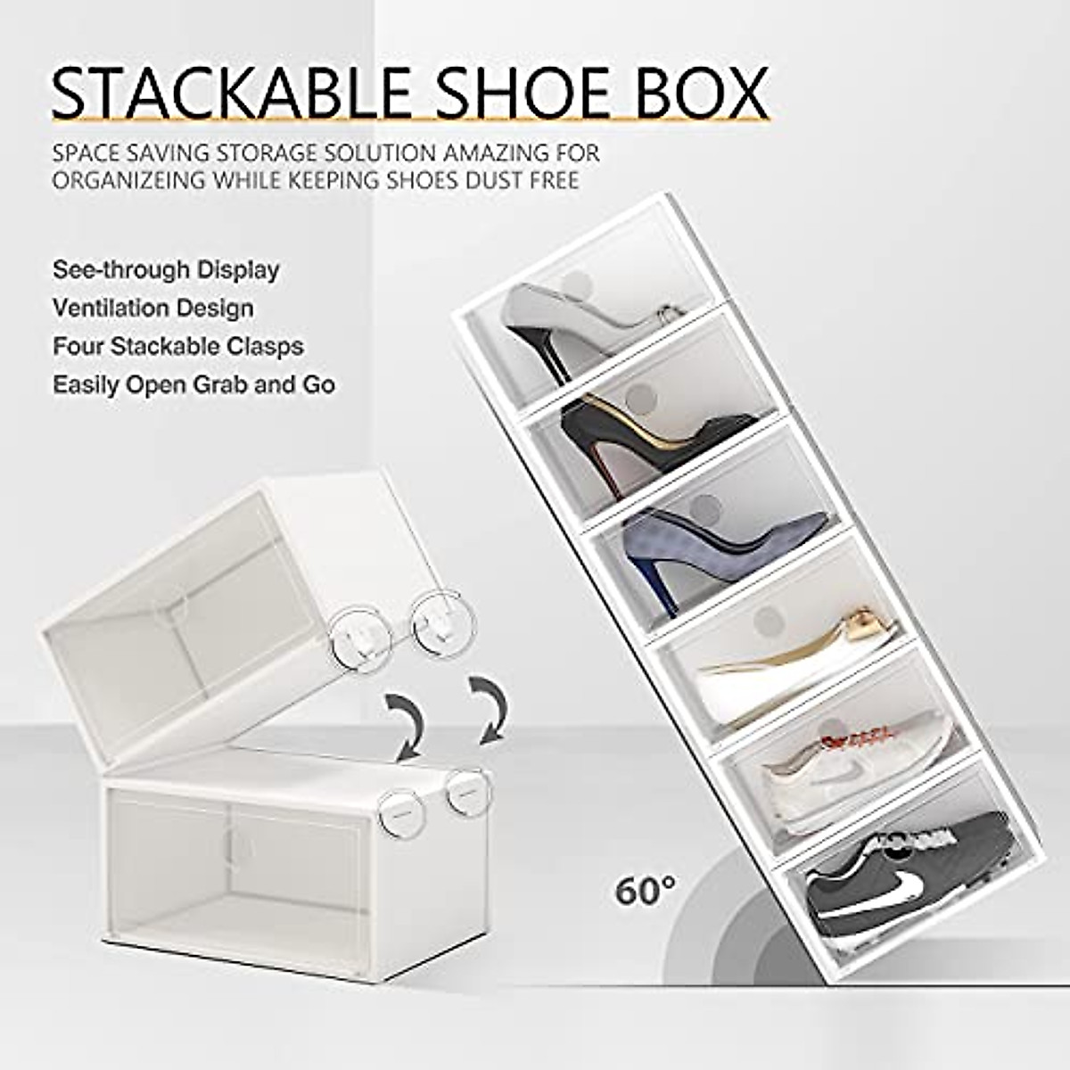 SEE SPRING X-Large 12 Pack Shoe Storage Box, Clear Plastic Stackable Shoe Organizer for Closet, Shoe Sneaker Containers Bins Holders Fit up to Size 13 (Black)