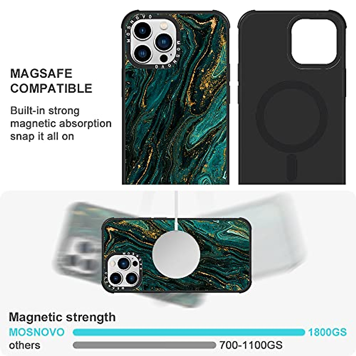 MOSNOVO Case for iPhone 13 Pro Max, [Compatible with Magsafe] [Buffertech 6.6ft Military-Grade Drop Protection] [Anti Peel Off Tech] Clear Phone Case Design - Jade Marble (Real Glitter)