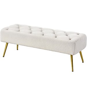 Yaheetech Modern Ottoman Bench Boucle Bench Upholstered Footrest for Living Room with Gold Metal Legs and Padded Seat Ivory