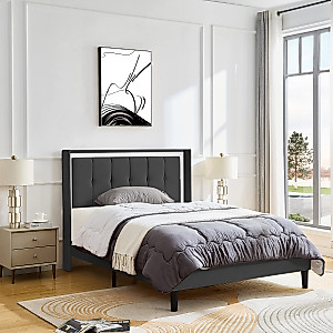 Queen Size Upholstered Platform Bed Frame with Headboard and Sturdy Wooden Slats, Wooden Bed for Bedroom, Non-Slip and Noise-Free, No Box Spring Needed, Easy Assembly, Dark Gray