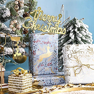 RUSPEPA Christmas Wrapping Paper - Reindeer, Snowflake, Flower and Text Design with Metallic Foil Shine - 4 Rolls - 30 Inches x 10 Feet Per Roll