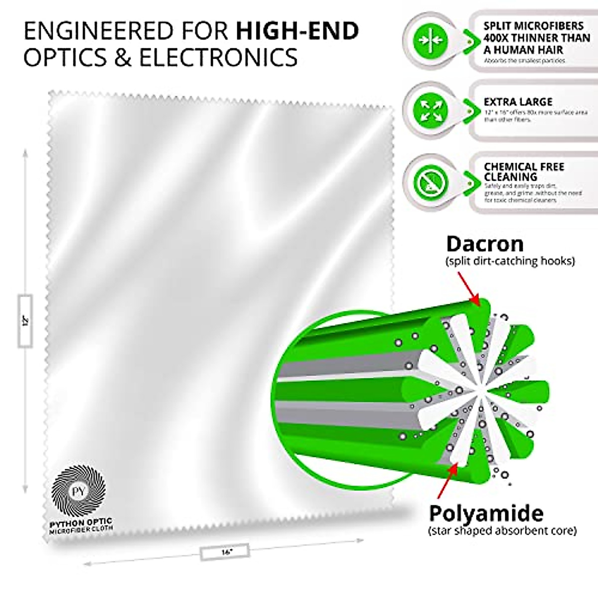 Python Premium Cloth for High Definition Lenses, Glasses, Screens and Expensive Optics - Large Scratch-Free Cleaning & Polish Cloth 12x16in