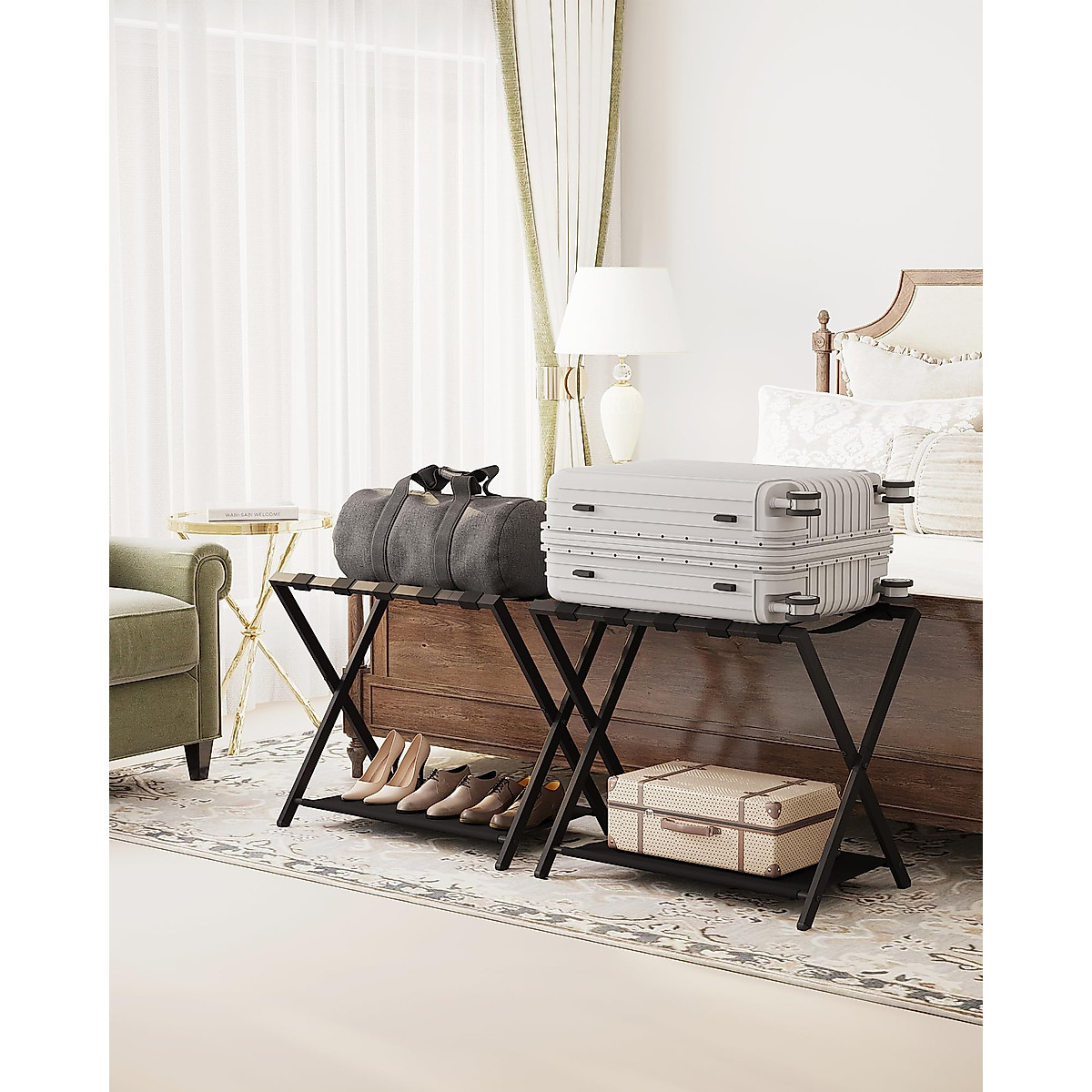 Hzuaneri Luggage Rack, Folding Suitcase Stand for Guest, Foldable, Luggage Holders with Shelf, Steel Frame with Nylon Straps for Bedroom, Hotel, Holds up to 154 lb, Black, 2 Pack LR03901B