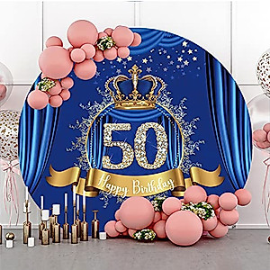 Leyiyi 6.5x6.5ft Happy 50th Birthday Round Backdrop Royal Blue Curtain Drapes Luxury Golden King Crown Photography Background Prince Men Fifty Birthday Party Decor Banner Photo Booth Props