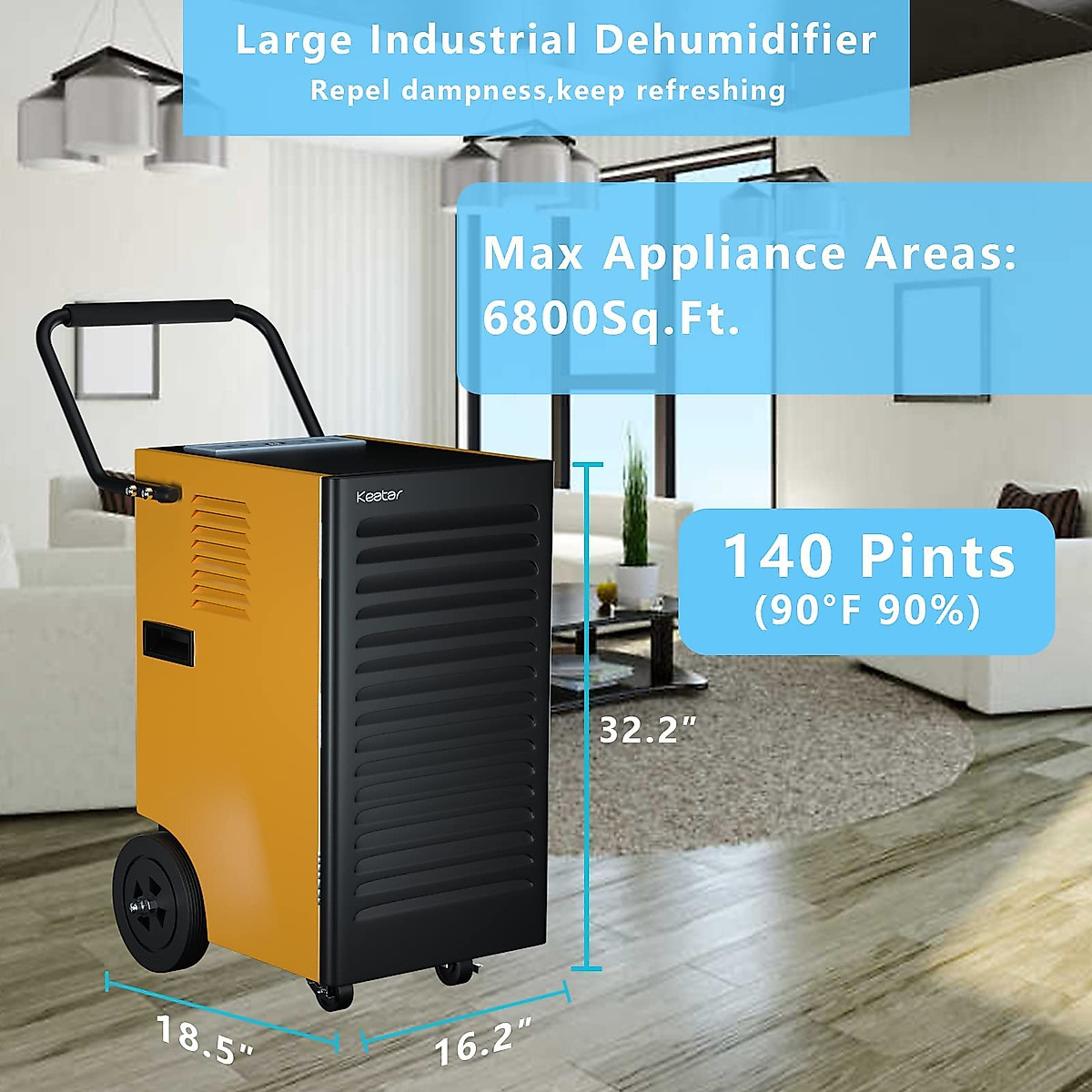 Keatar 140 Pints Commercial Dehumidifier for Large Room,Home,Basements, industrial warehouses, workshop,library or construction sites with Continuous Drain Hose and Water Reservoir