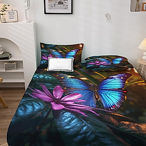 Butterfly Sheets Full Size, Butterflies Flower Bed Sheets, Patterned Bedding Sheets & Pillowcases 4 Piece Set - Soft Microfiber Deep Pocket Fitted Sheet & Flat Sheet & 2 Pillow Cases K1-&-47