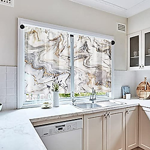 Tayney Marble Kitchen Curtains White Grey Gold Window Curtains and Valances Set 36 Inch, Abstract Texture Art Short Tier Curtain for Kitchen, Modern Luxury Small Kitchen Decor