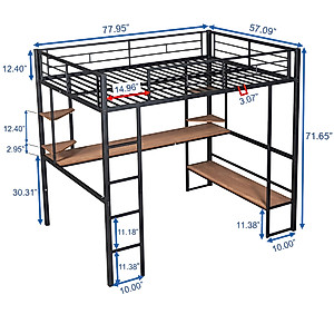 BIADNBZ Full Size Loft Bed with Desk and Shelves Storage, Metal High LoftBed Frame w/Ladder for Kids Teens Adults Bedroom, Black