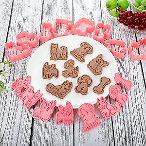 8 Pcs Dog Cookie Cutters with Plunger Stamps Set 3D Puppy Bone Shape Biscuit Cutter Funny Cartoon Cookie Stamps Stamped Embossed Dog Cookie Cutters for Treats DIY Cookie Baking Supplies (Vivid Style)