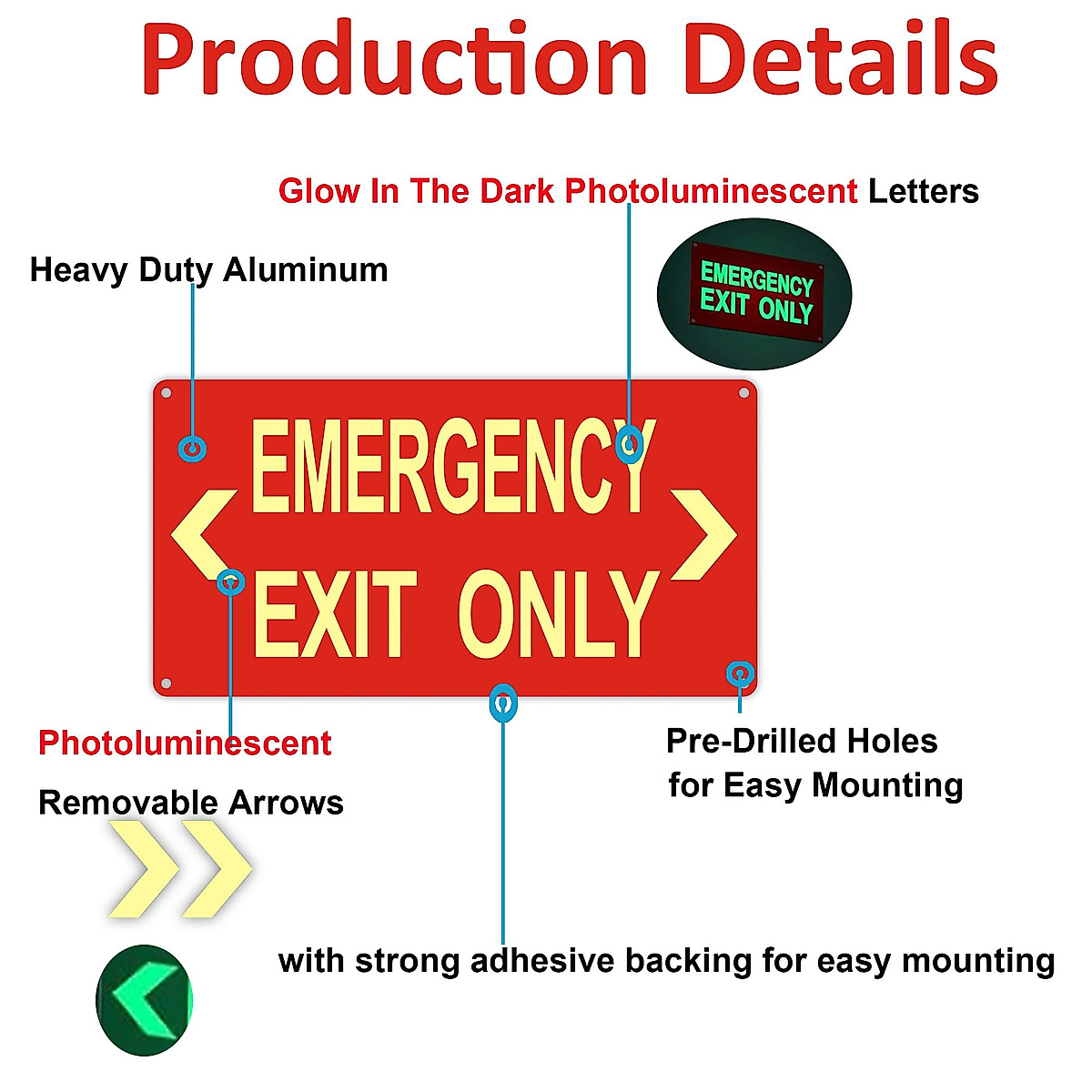 (2Pack) Photoluminescent Emergency Exit Sign Red, Glow In The Dark Aluminum Exit Sign - Adhesive Backing - 4pcs Removable Arrows Included - 14.25 x 7.5 Inches - Non Electrical Exit Sign