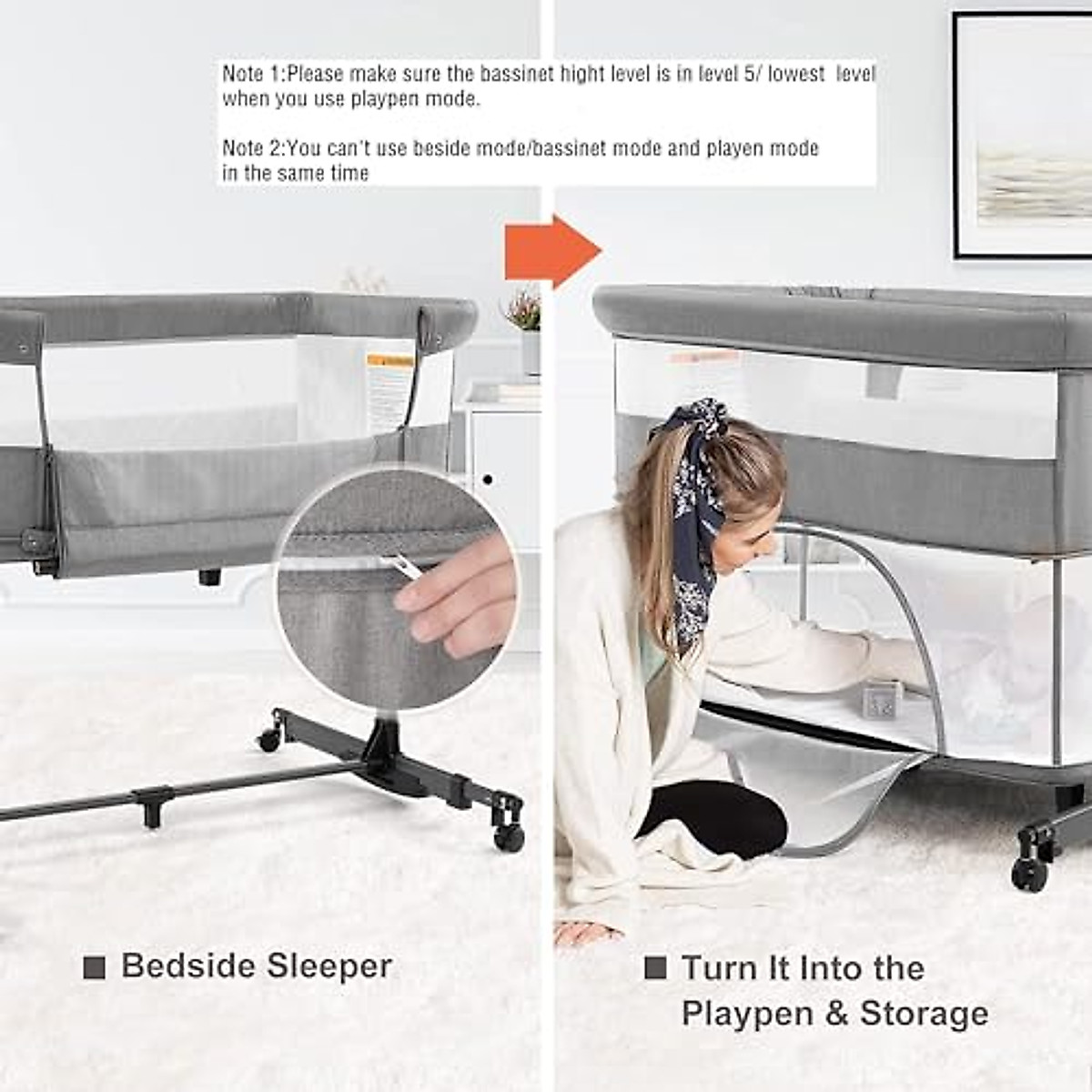 Baby Bedside Bassinet with Wheels and Storage, 3 in 1 Travel Baby Crib Bedside Crib with 5 Adjustable Height, Portable Baby Bed Co Sleeper