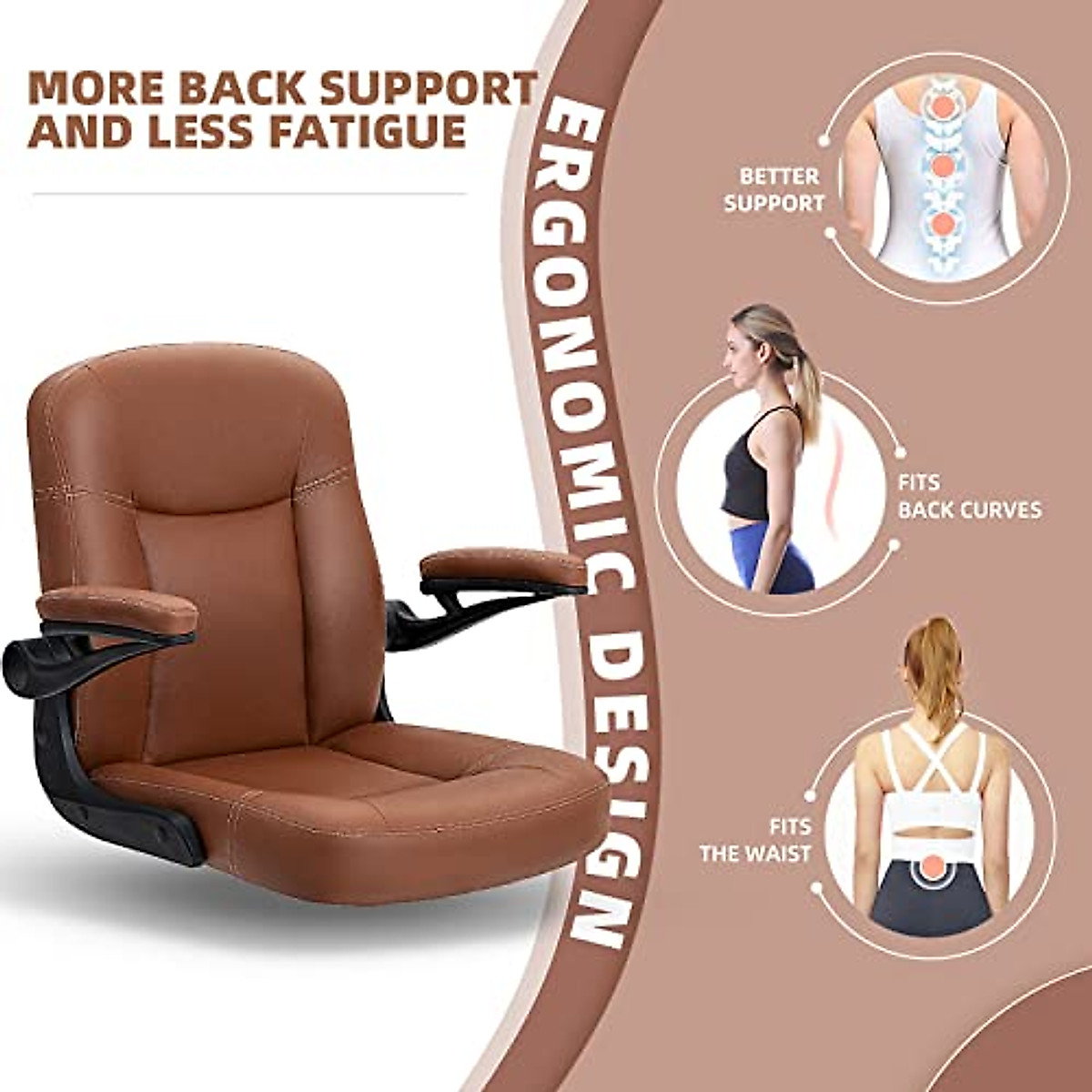 SEATZONE Office Chair Mid Back Desk Chair Lumbar Support Desk Chairs with Wheels and Flip-up Armrest Adjustable PU Leather Computer Chair Backward Tilt,Camel