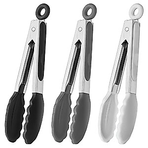 HINMAY Small Silicone Tongs 7-Inch Mini Serving Tongs, Set of 3 (Black Gray White)