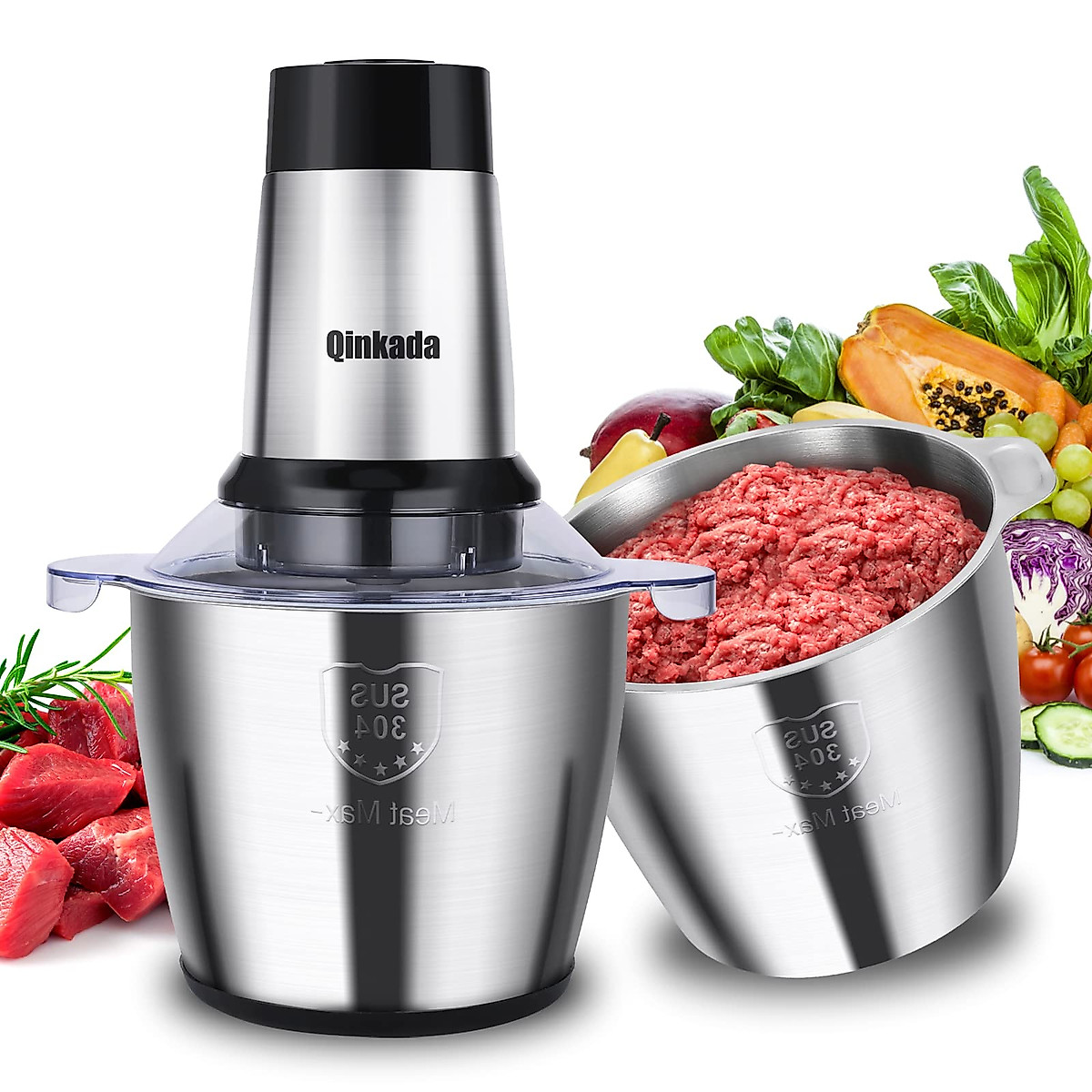 Qinkada Meat Grinder with 2 Stainless Steel Bowls, 500W Electric Food Processors, 3 Speed, 4 Bi-Level Bladesand Spatula for Baby Food, Meat, Onion, Vegetables, Fruits