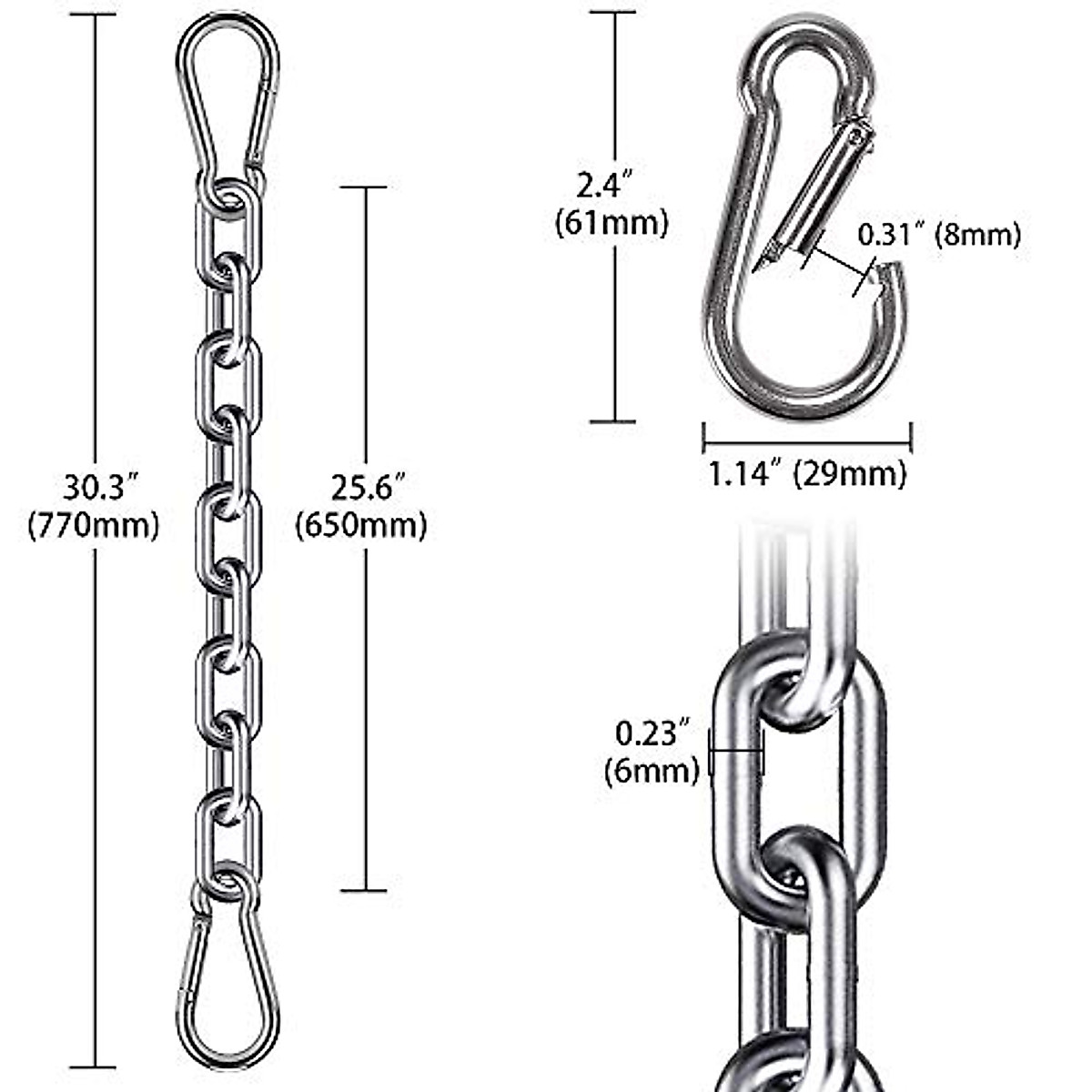 WAREMAID 2 Boxing Punching Bag Chain and 4 Carabiners, Stainless Steel Heavy Duty Hanging Chair Chain Kit Hammock Chair Hardware for Indoor Outdoor Playground Swing Set, Hanging Heavy Bag, 1000 LB