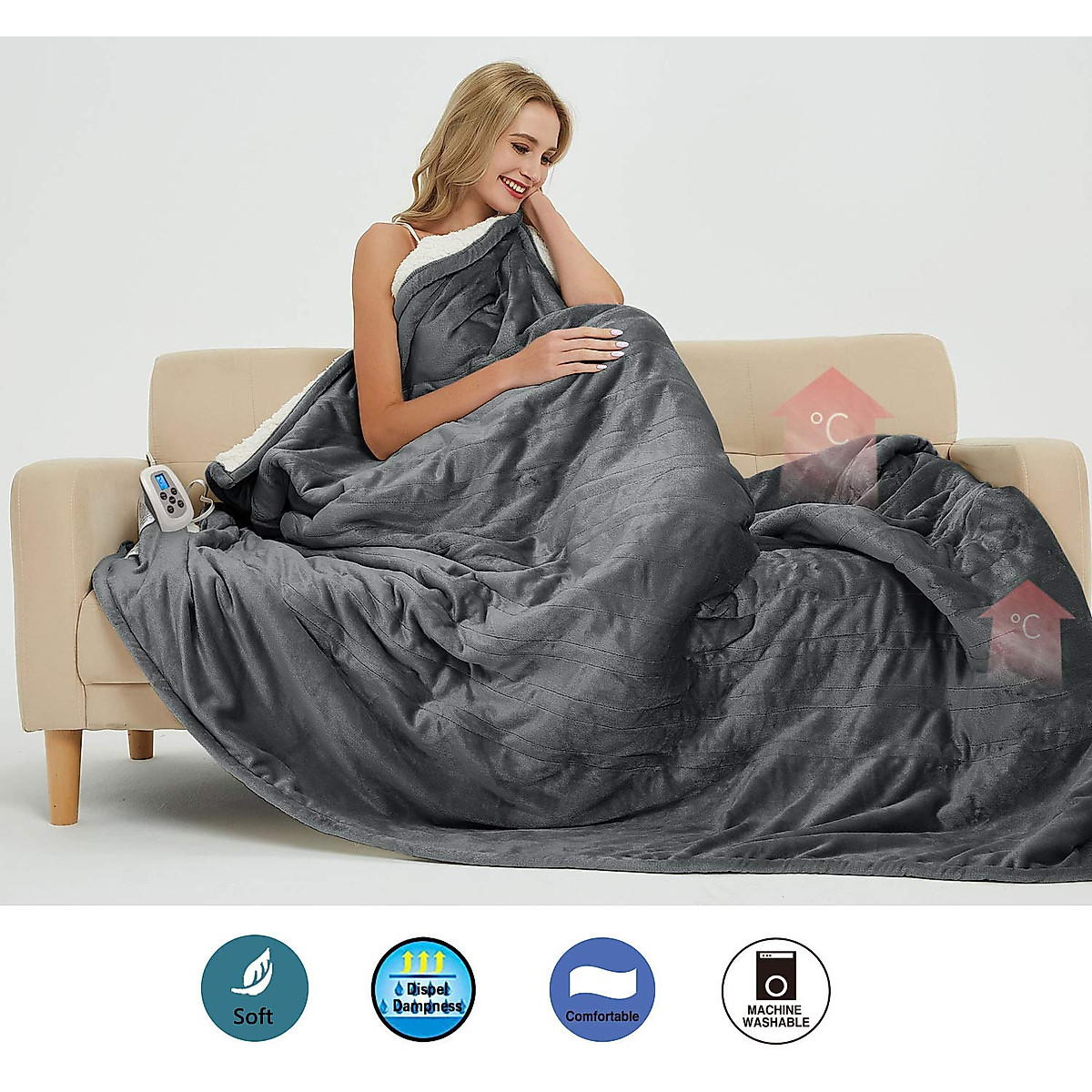 Twin Electric Blanket Heated Sherpa and Reversible Flannel Washable Throw,Fast-Heating Full Body Warming Soft with 10 Heat Settings/Safety 10 Hours Auto-Off Controller （62x84''Linen