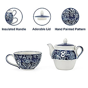 Taimei Teatime Ceramic Tea for One Set, 15 OZ Teapot with Infuser and Cup Set, Blue and White Teapot Set for one, Tea Set for Women, Adults