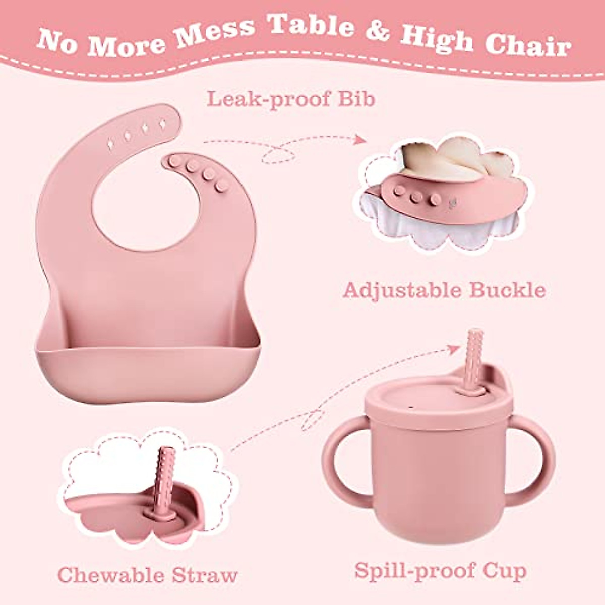 Silicone Baby Feeding Set, Baby Led Weaning Supplies with Suction Bowl Divided Plate, Toddler Self Feeding Dish Set with Spoons Forks Sippy Cup Adjustable Bib, Eating Utensils for 6+ Months(Pink)