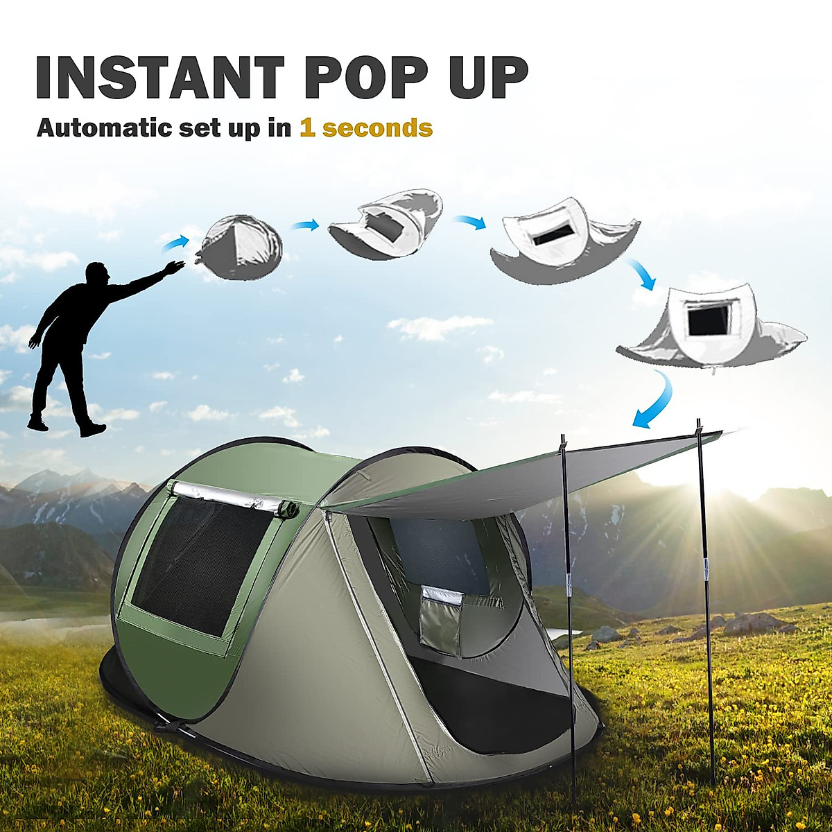 RealPero Instant Pop Up Tent, Automatic Easy Setup Outdoor Waterproof Windproof Family Tent, Upgraded 2 Doors Vestibule Sun Shelter for 2/3 People Outdoor Camping,Travelling,Hiking, Beach,Green