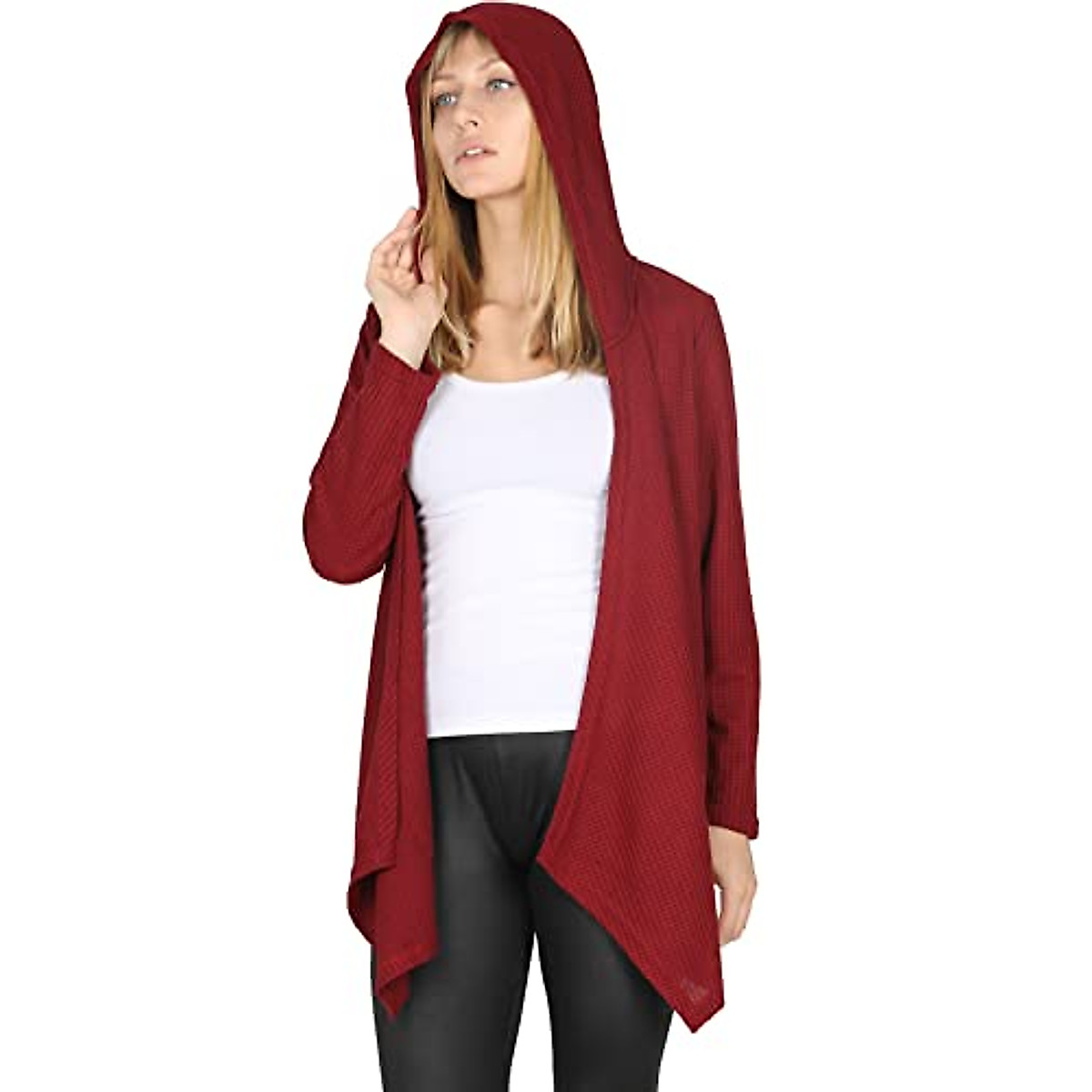 LATT Dress Women Long Sleeve Open Front Draped Cardigan Waffle Fabric Pocket Hoodie Outwear, Burgandy,S, Burgandy