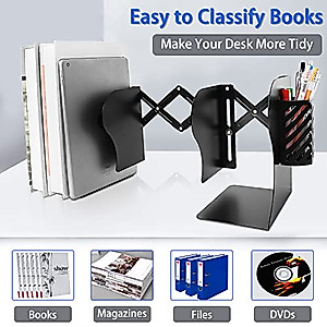 Heavy Duty Book Ends to Hold Books with Pen Holder, Adjustable Bookends, Metal Book Ends for Shelves, Black Book Holders Binder Organizer for Bookshelf Desk - Extends up to 19"