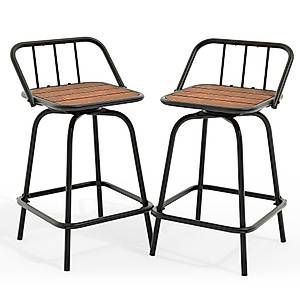 YITAHOME 24 Inches Swivel Bar Stools Set of 2, Counter Height Barstools Platic Wooden Seat with Backrests and Footrest, Industrial Metal Bar Stools for Outdoor Patio Home Kitchen